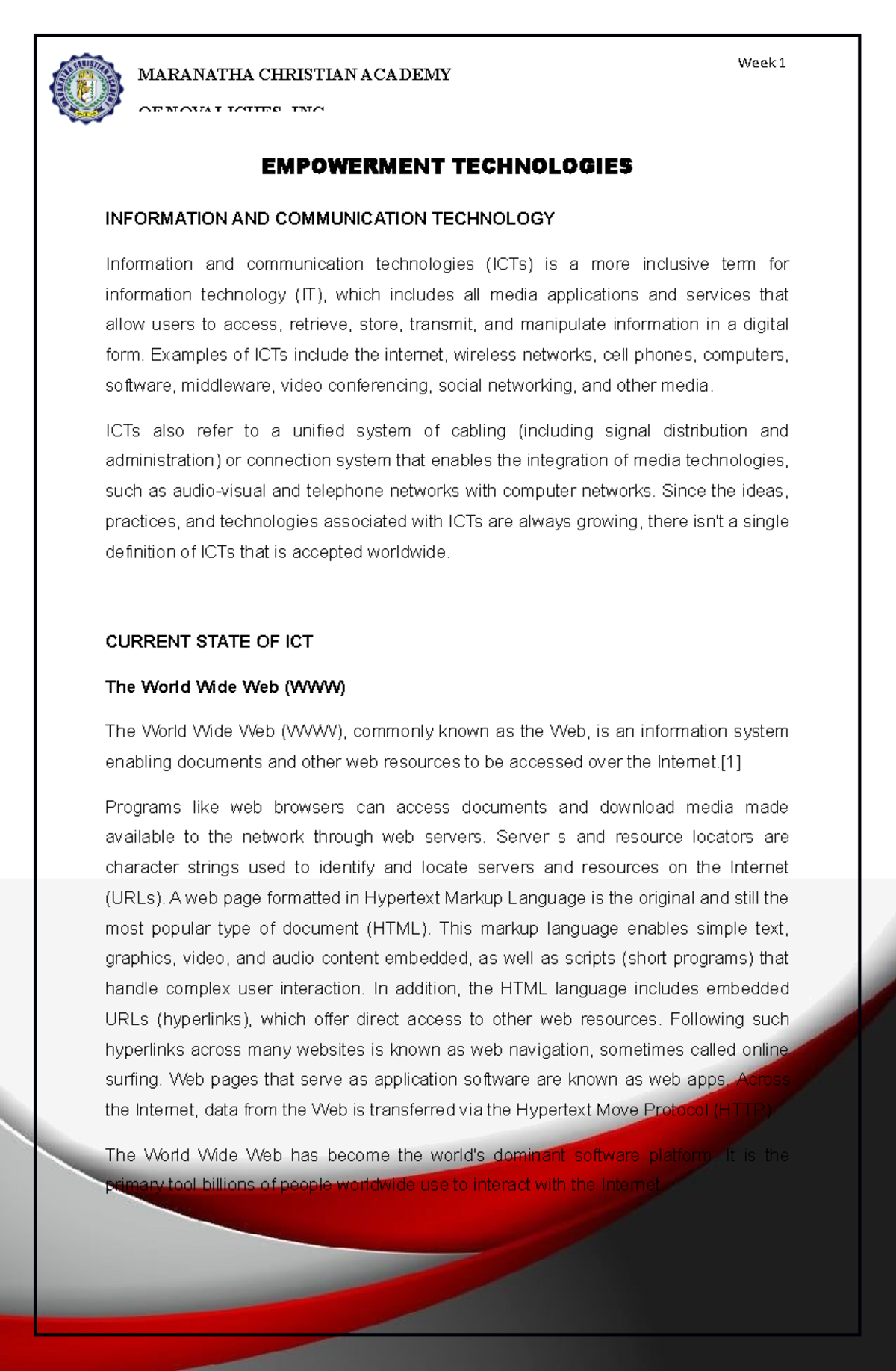 Week 1 - E Tech - Introduction - EMPOWERMENT TECHNOLOGIES INFORMATION AND COMMUNICATION ...