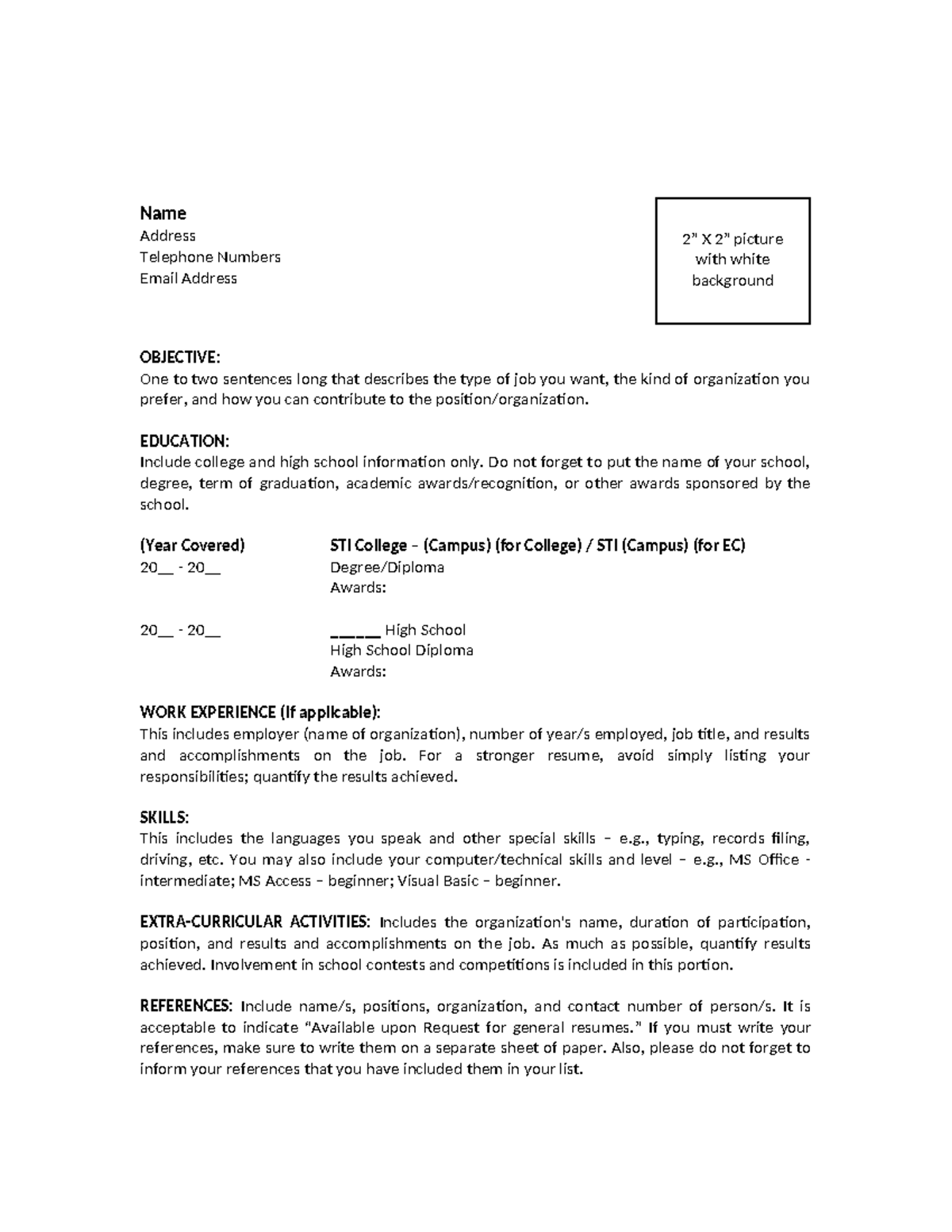 STI Standard Resume Template - Name Address Telephone Numbers Email ...