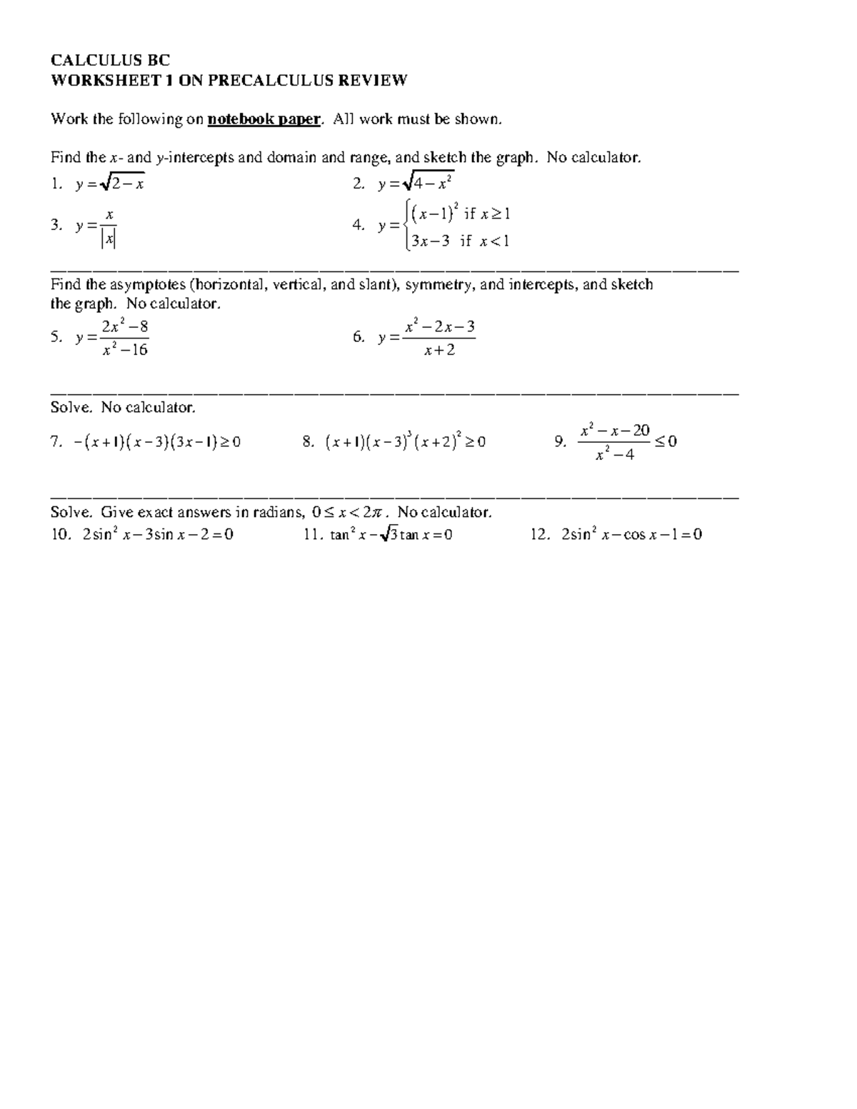 HW+1 - calc bc hw unit 1 - CALCULUS BC WORKSHEET 1 ON PRECALCULUS ...