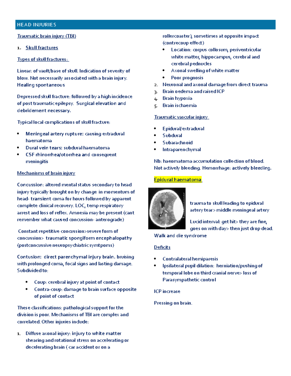 Head injuries - Summary notes - HEAD INJURIES Traumatic brain injury ...
