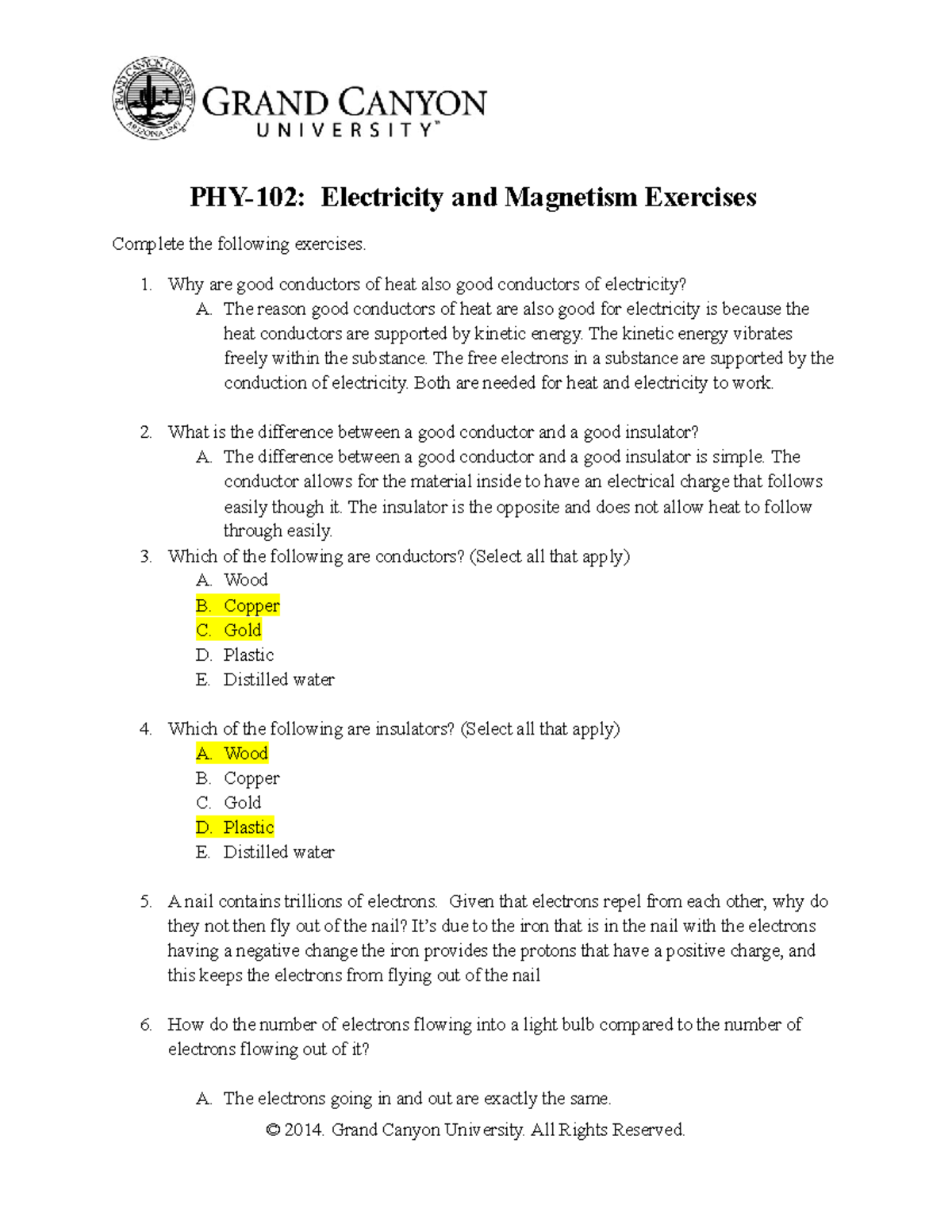 PHY 102 RS Electricityand Magnetism Exercises 1 - PHY-102: Electricity ...