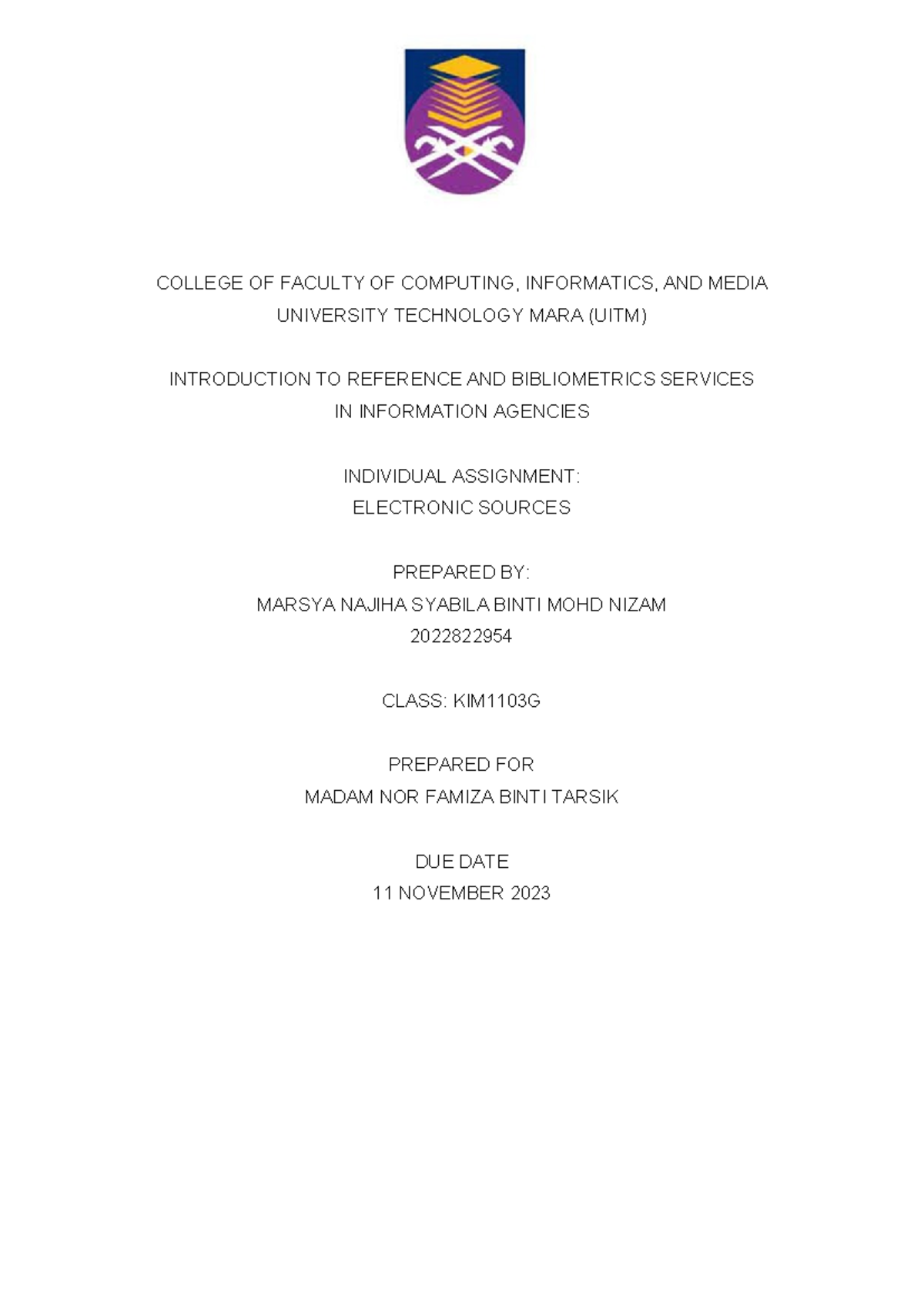 IMD236 IND ASSN - assignment - COLLEGE OF FACULTY OF COMPUTING ...