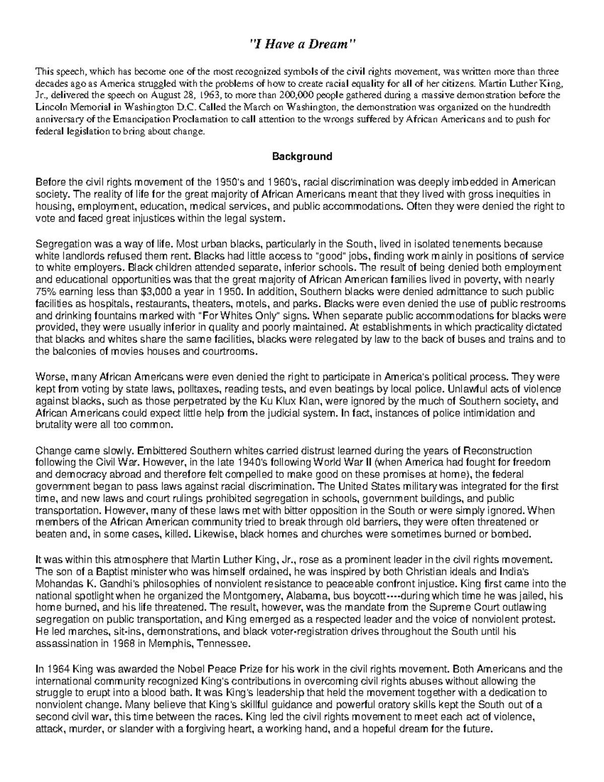 I have a dream 8th grade descriptions - "I Have a Dream" This speech ...