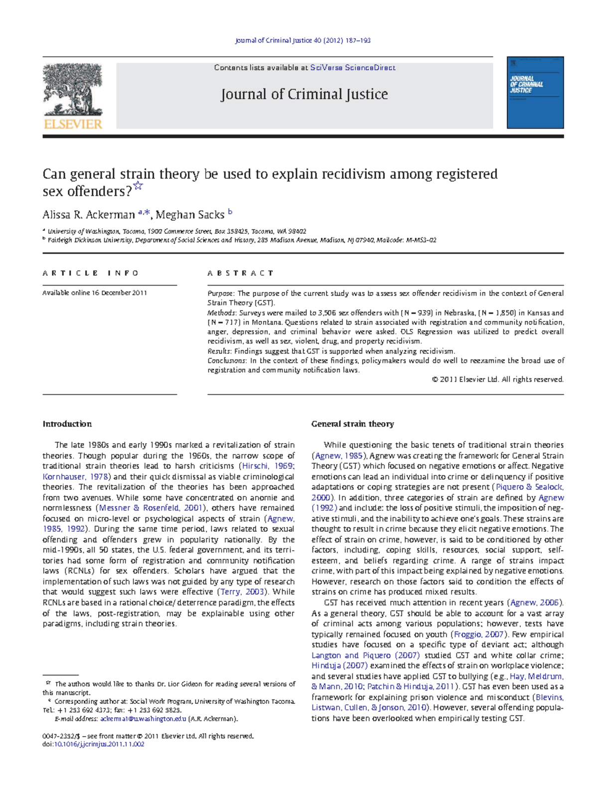 Can general strain theory be used to exp - Ackerman a, ⁎, Meghan Sacks ...