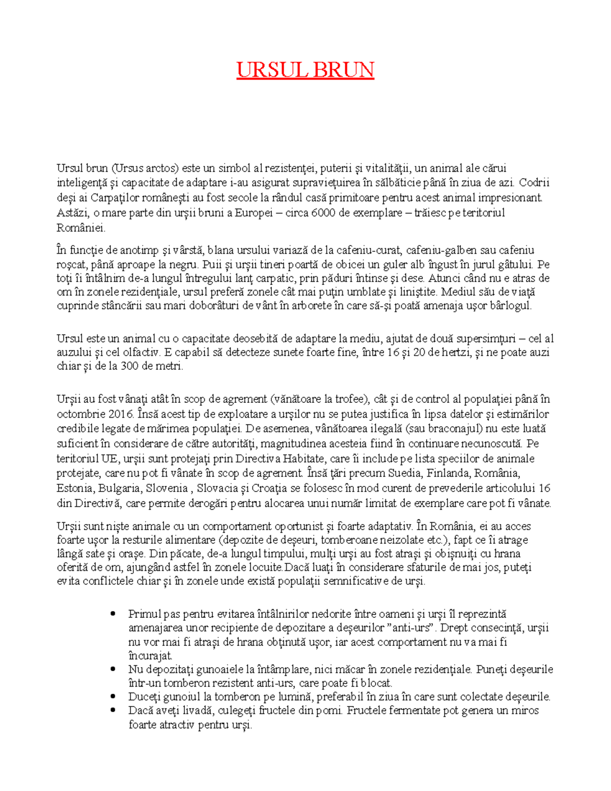 Ursul BRUN-Sara Bosnjak - URSUL BRUN Ursul brun (Ursus arctos) este un ...