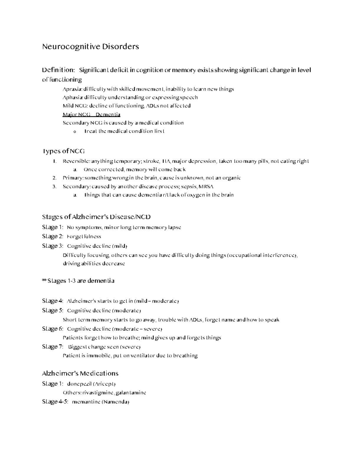 Mental Health - Exam 2 Notes - Neurocognitive Disorders Definition ...