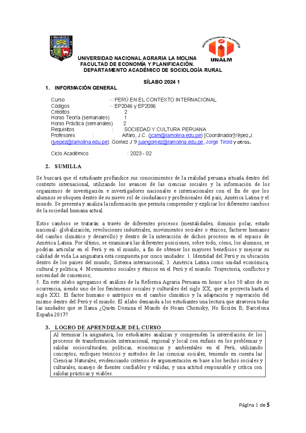 Silabus 2024 1 PCI Unalm - UNIVERSIDAD NACIONAL AGRARIA LA MOLINA ...