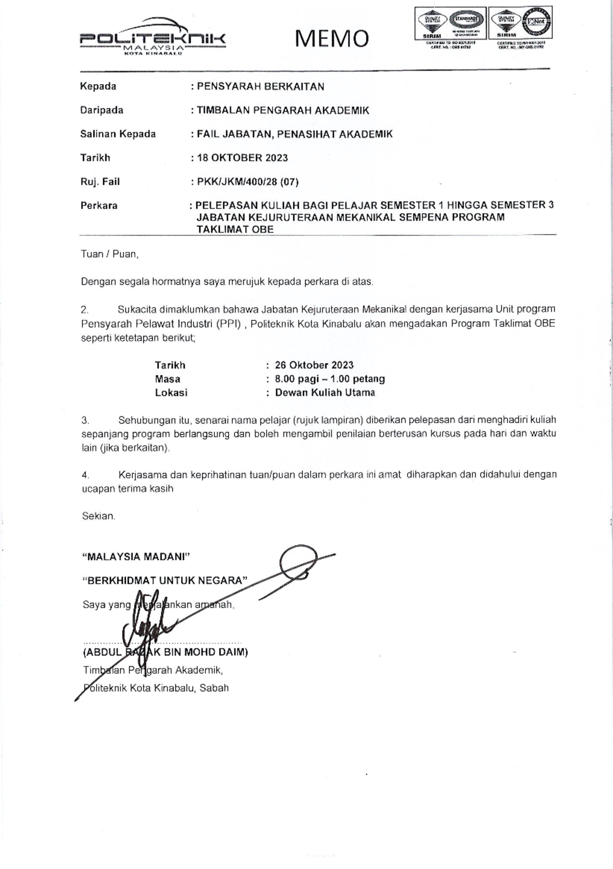MEMO Pelepasan Kuliah Taklimat OBE - Model Normalization - Studocu