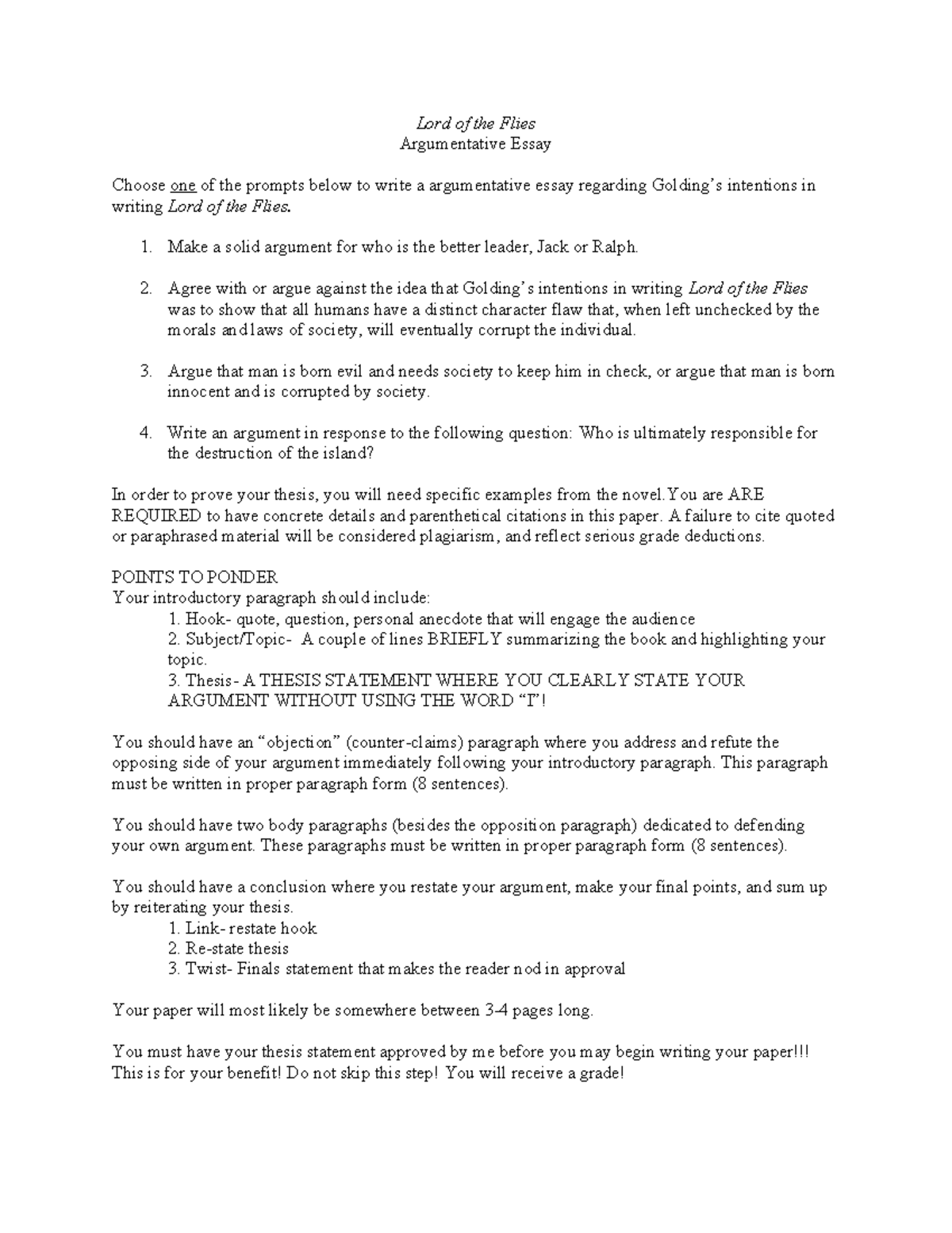 LOF Argumentative Essay - Lord of the Flies Argumentative Essay Choose ...