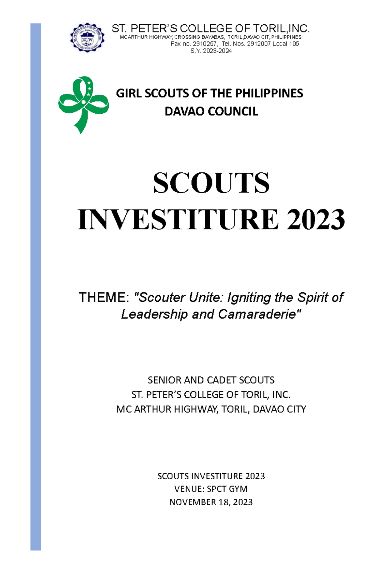 Investiture Program - ST. PETER’S COLLEGE OF TORIL,INC. MCARTHUR ...