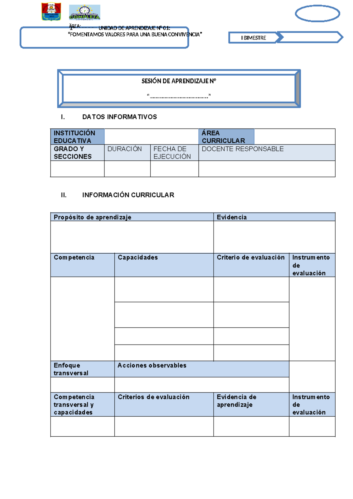 Sesion DE Aprendizaje 2024 - I BIMESTRE UNIDAD DE APRENDIZAJE N° 01: “FOMENTAMOS VALORES PARA ...