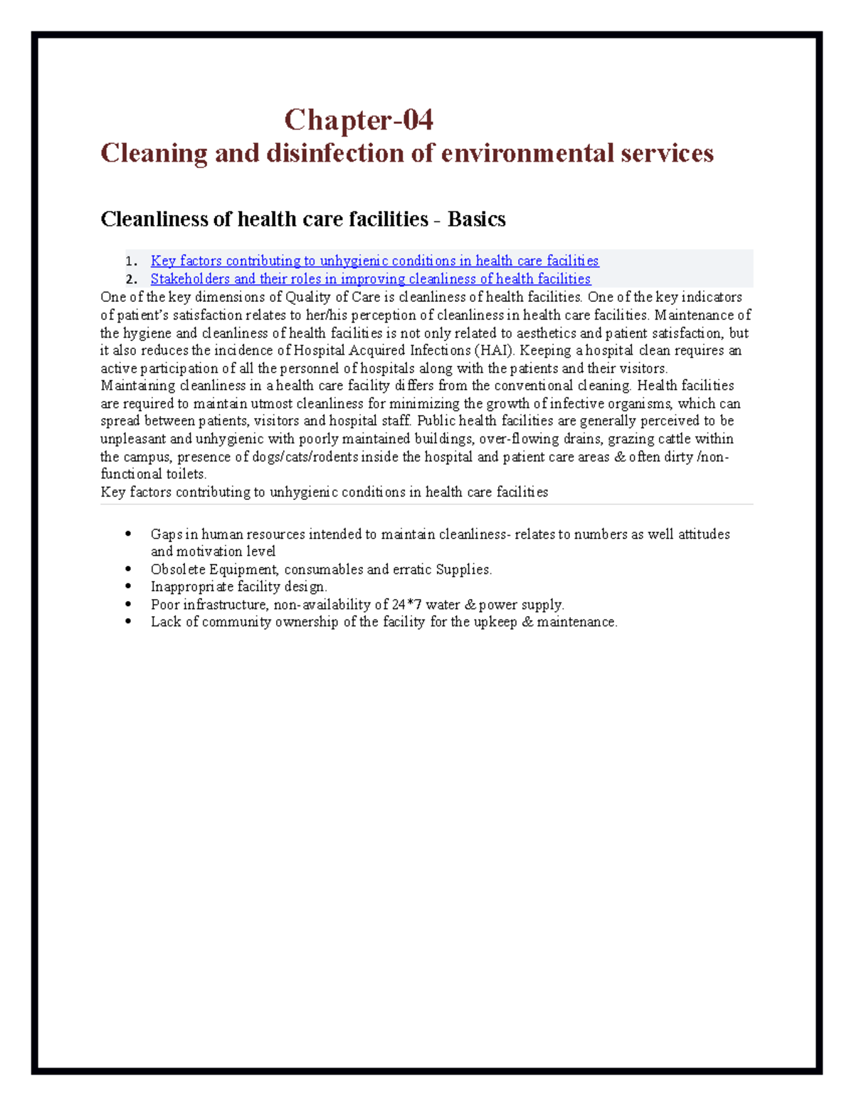 Chapter -04 Cleanliness of health care facilities for IPC course ...