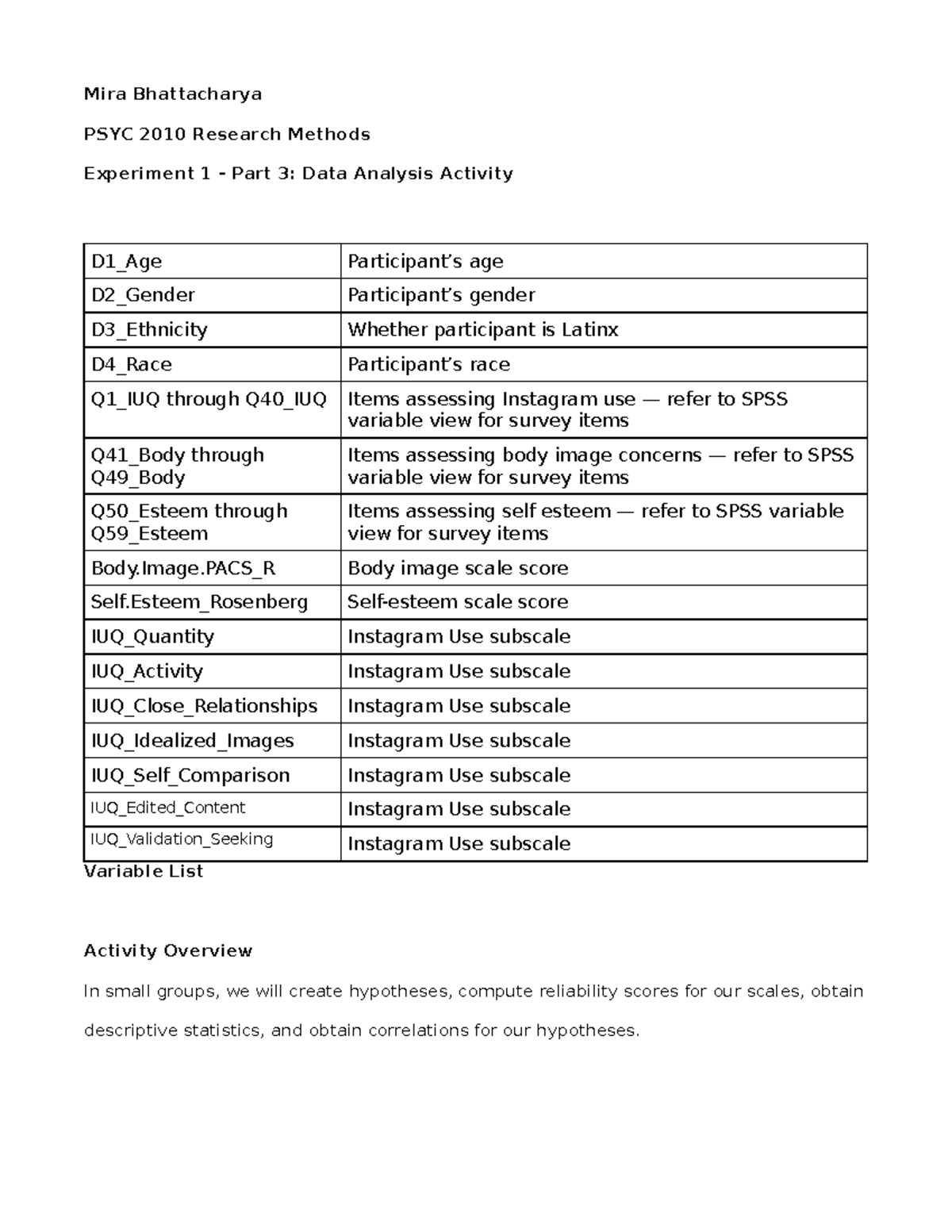 HW (Hypothesis for RM Lab Report) Experiment 1 - Mira Bhattacharya PSYC ...