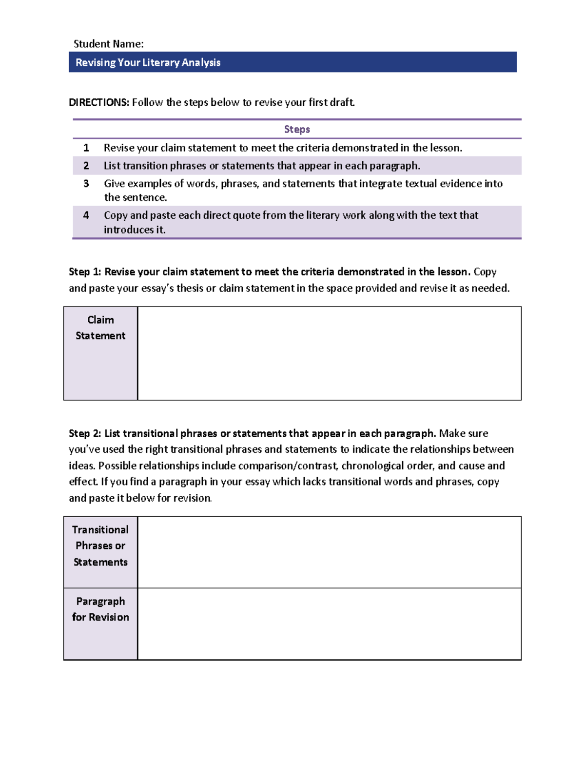 LO 7 7 Literary Analysis Worksheet - Revising Your Literary Analysis ...