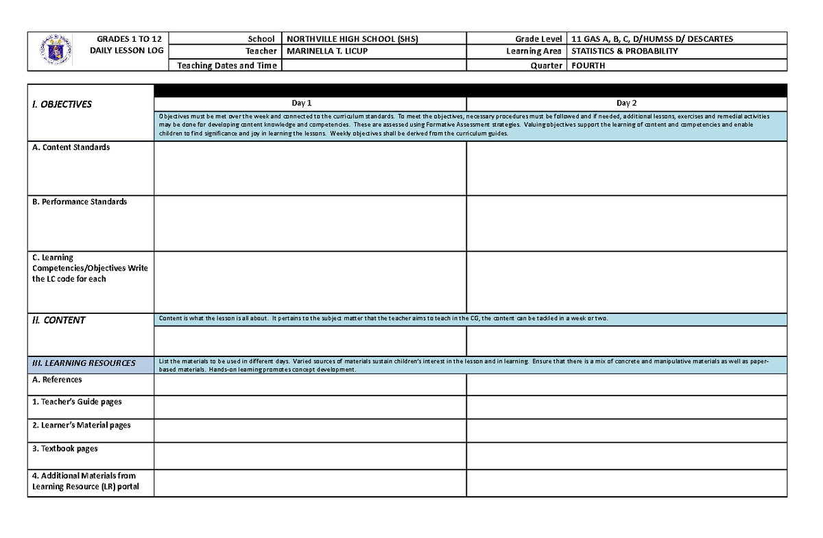 DLL-NHS-SHS - Daily lesson log for senior high school teachers - GRADES ...