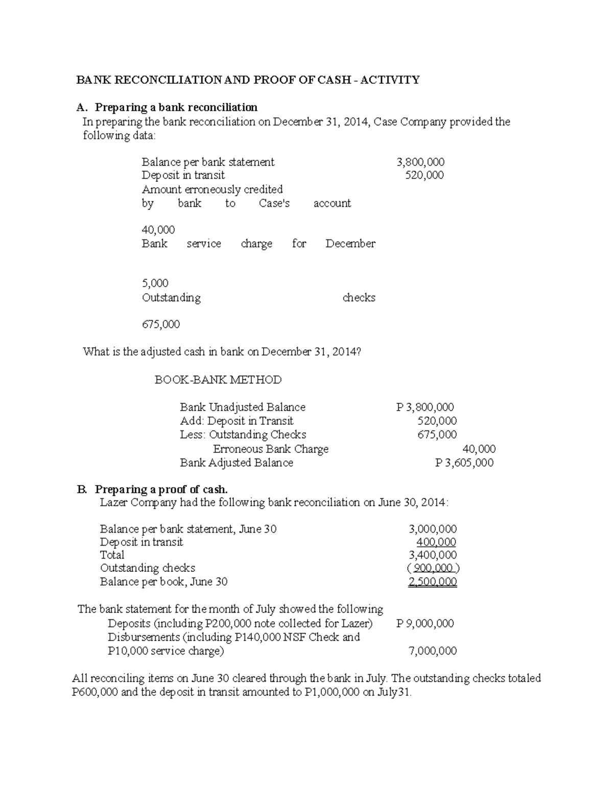 BANK Reconciliation AND Proof OF CASH - Intermediate Accounting Q&&=A ...