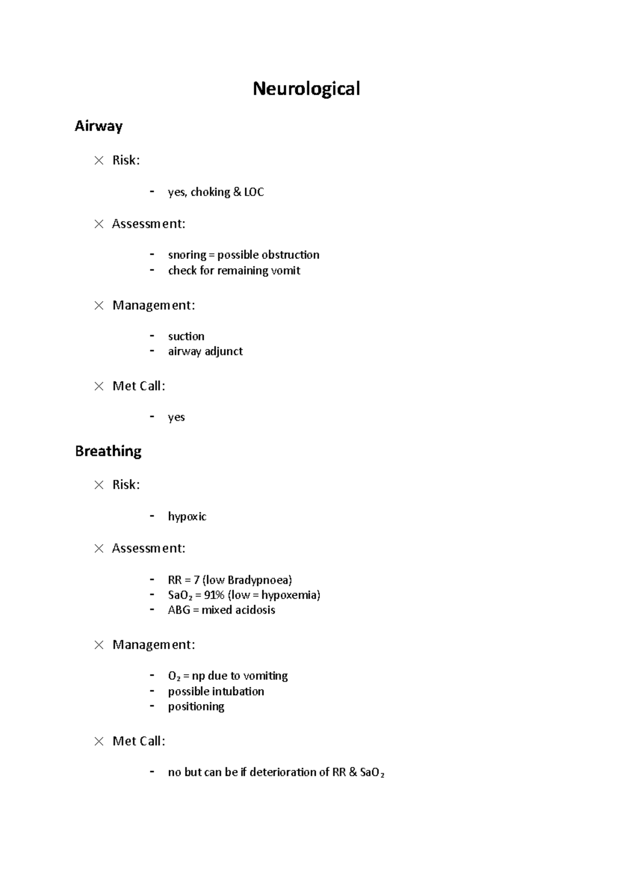 WEEK 3 A-E tutorial - neurological A-E - Neurological Airway Risk: yes ...