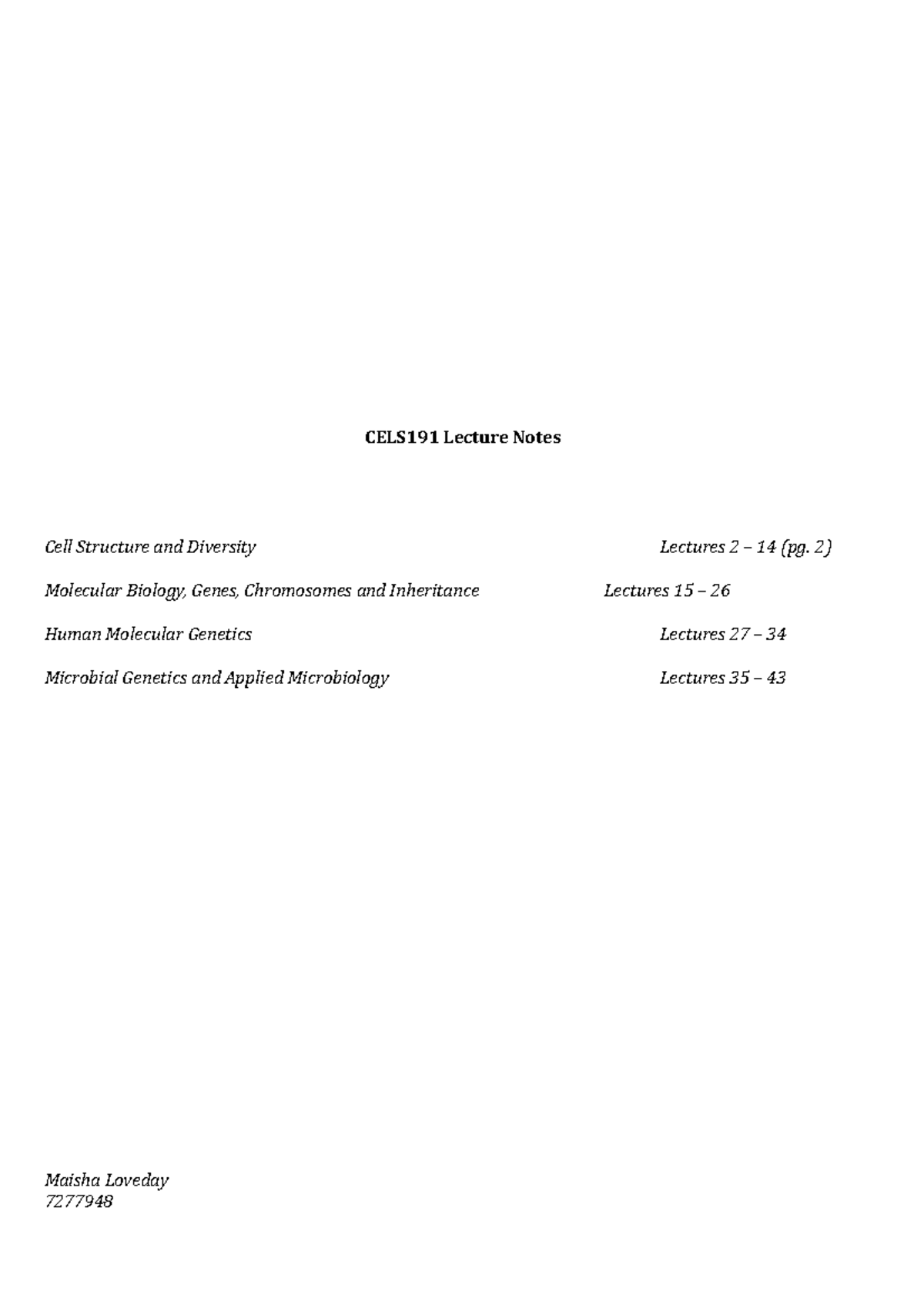 CELS191 Final Notes - Unknown - CELS191 Lecture Notes Cell Structure ...