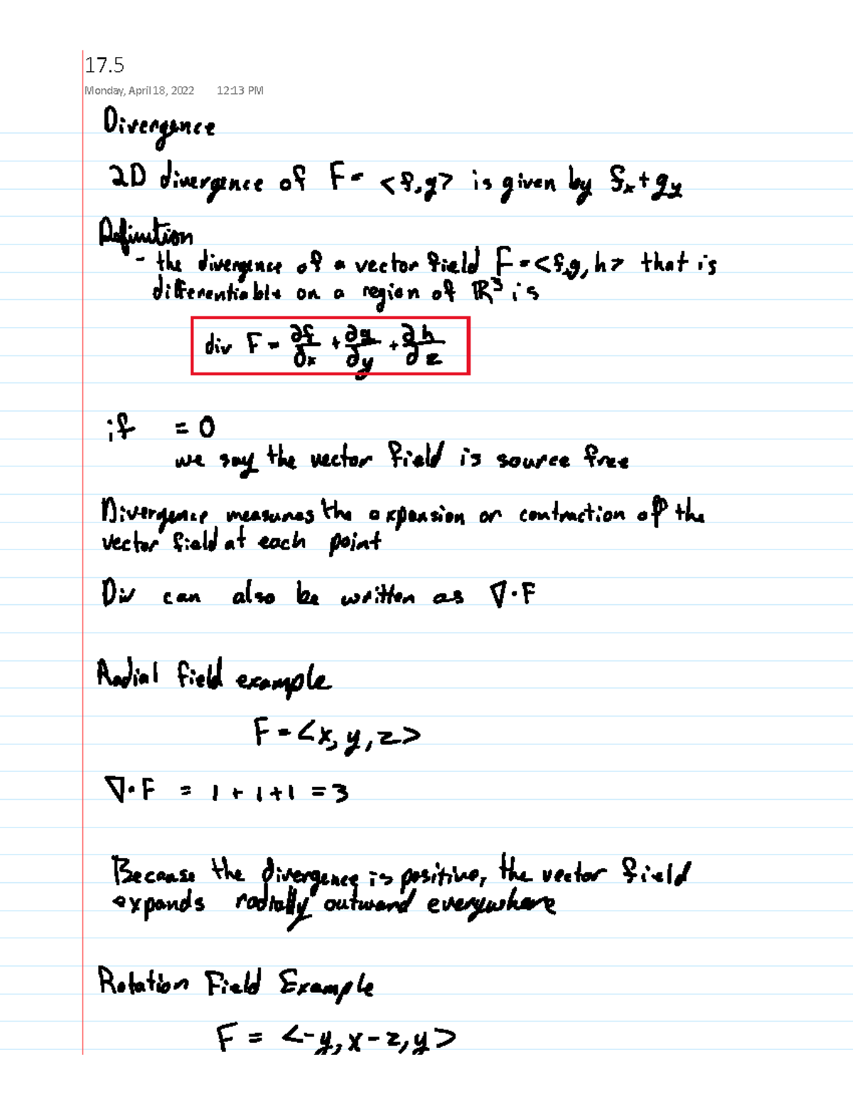 17.5 Divergence, Calc 3 - MATH213 - ϭϳ͘ρ DŽŶĚĂLJ͕ Ɖƌŝů ϭΘ͕ ϮϬϮϮ ϭϮ͗ϭϯ ...