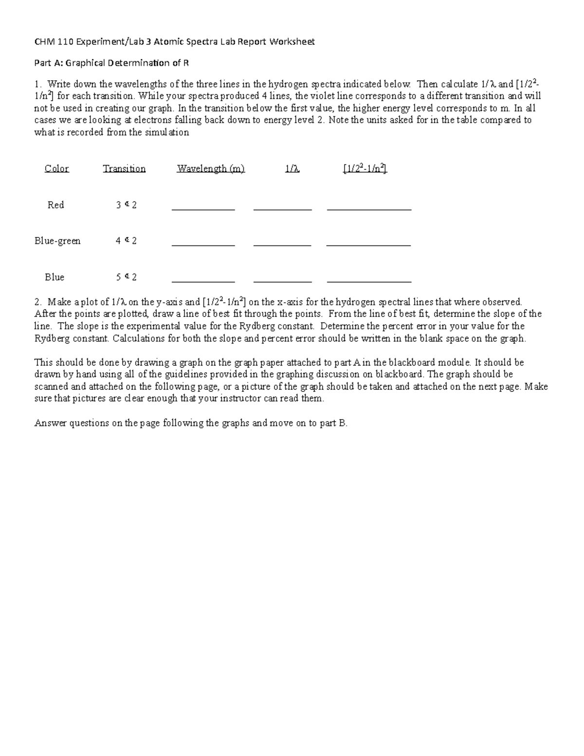 CHM 110 Experiment 3 - CHM 110 Experiment/Lab 3 Atomic Spectra Lab ...