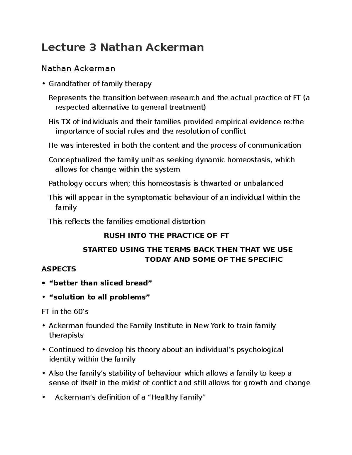 Lecture 3: Nathan Ackerman and the Development of Family Therapy - Studocu