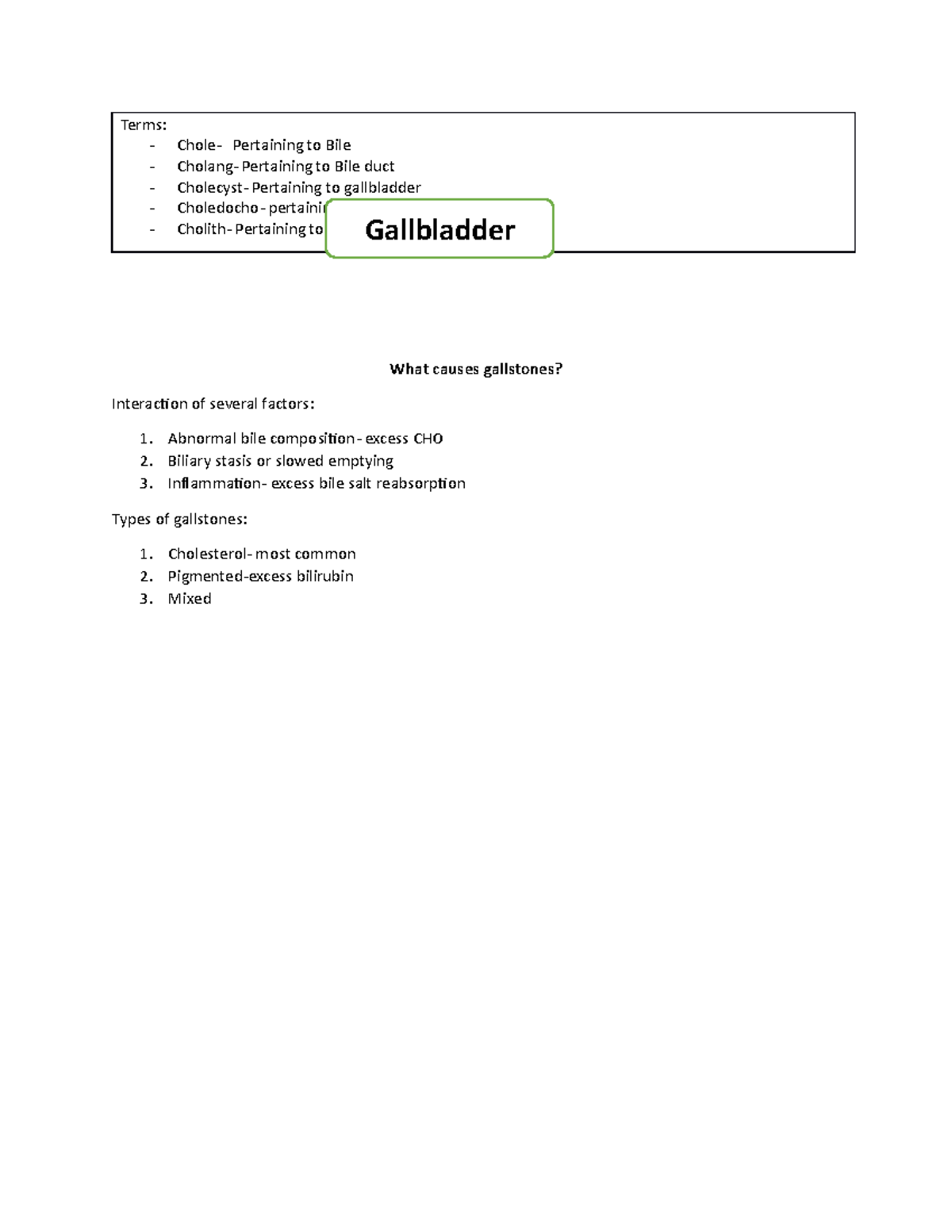 Gallbladder summarized sheets - Terms: - Chole- Pertaining to Bile ...