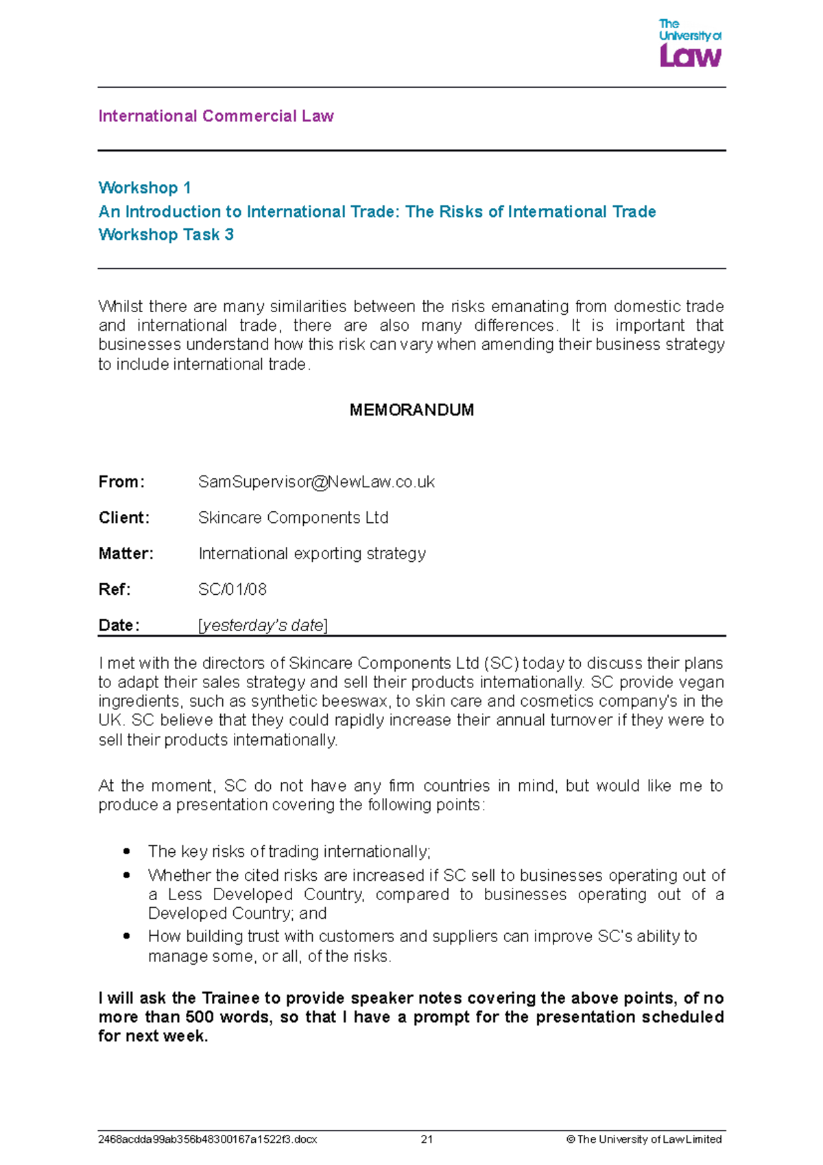 Int C law w1 taks 3 - Workshop 1 Task 3 for this module - International Commercial Law Workshop ...