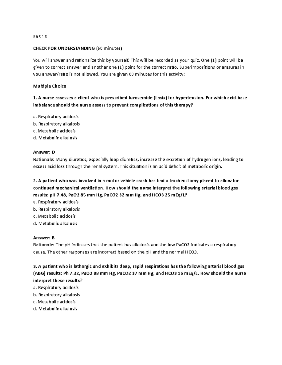 SAS 18 - medsurg - SAS 18 CHECK FOR UNDERSTANDING (60 minutes) You will ...
