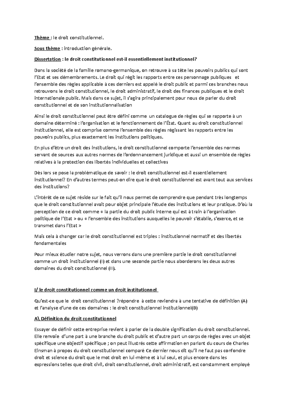 Droit Constitutionnel TD1 - Thème : le droit constitutionnel. Sous thème : introduction générale ...