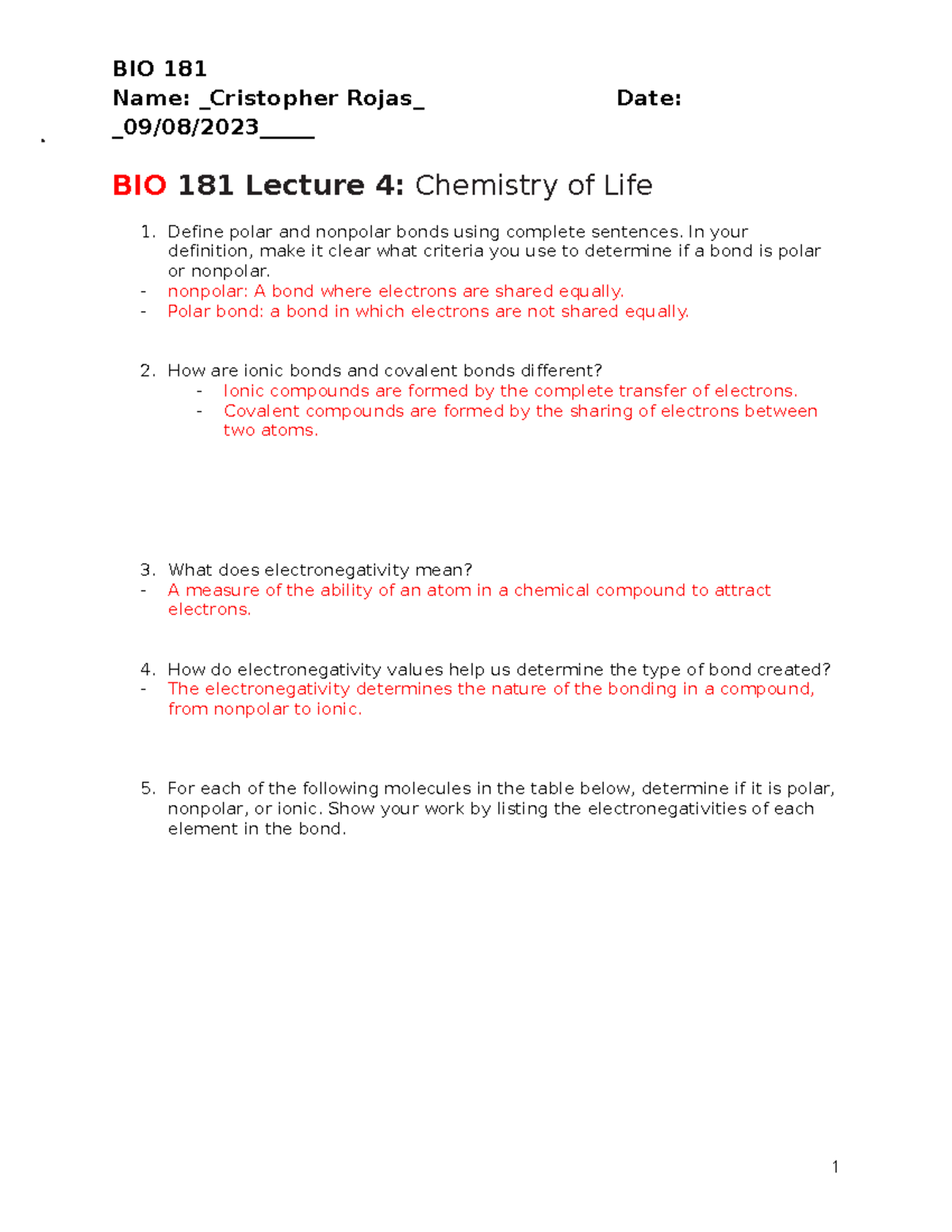 Copy of BIO 181 Chemistry of Life - Cristopher Rojas - BIO 181 Name ...