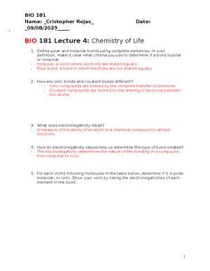 Bio 181 Exam 1 Study Guide Bio 181 Exam 1 Study Guide Know What