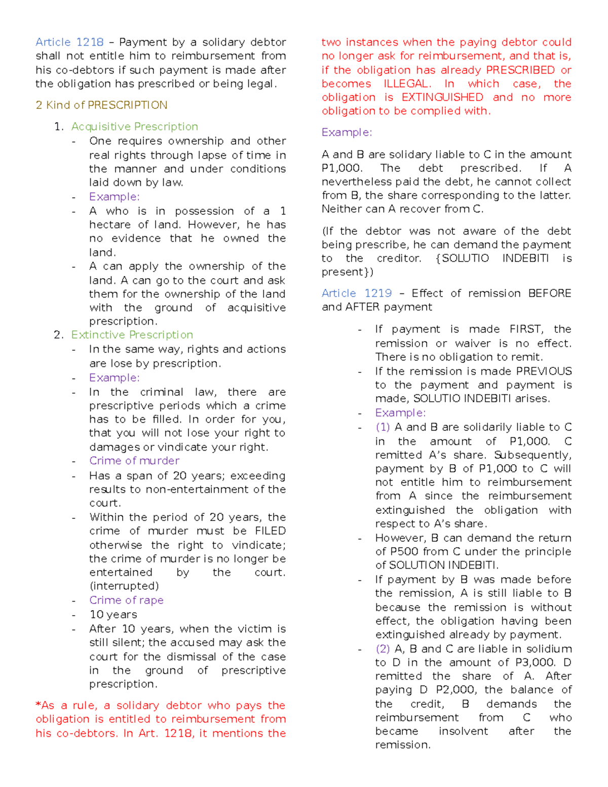 LAW (Article 1218 - 1225) - Article 1218 – Payment by a solidary debtor ...