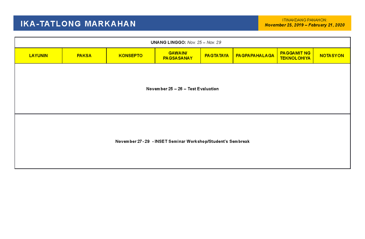 Action PLAN ESP 3RD - UNANG LINGGO: Nov. 25 – Nov. 29 LAYUNIN PAKSA ...