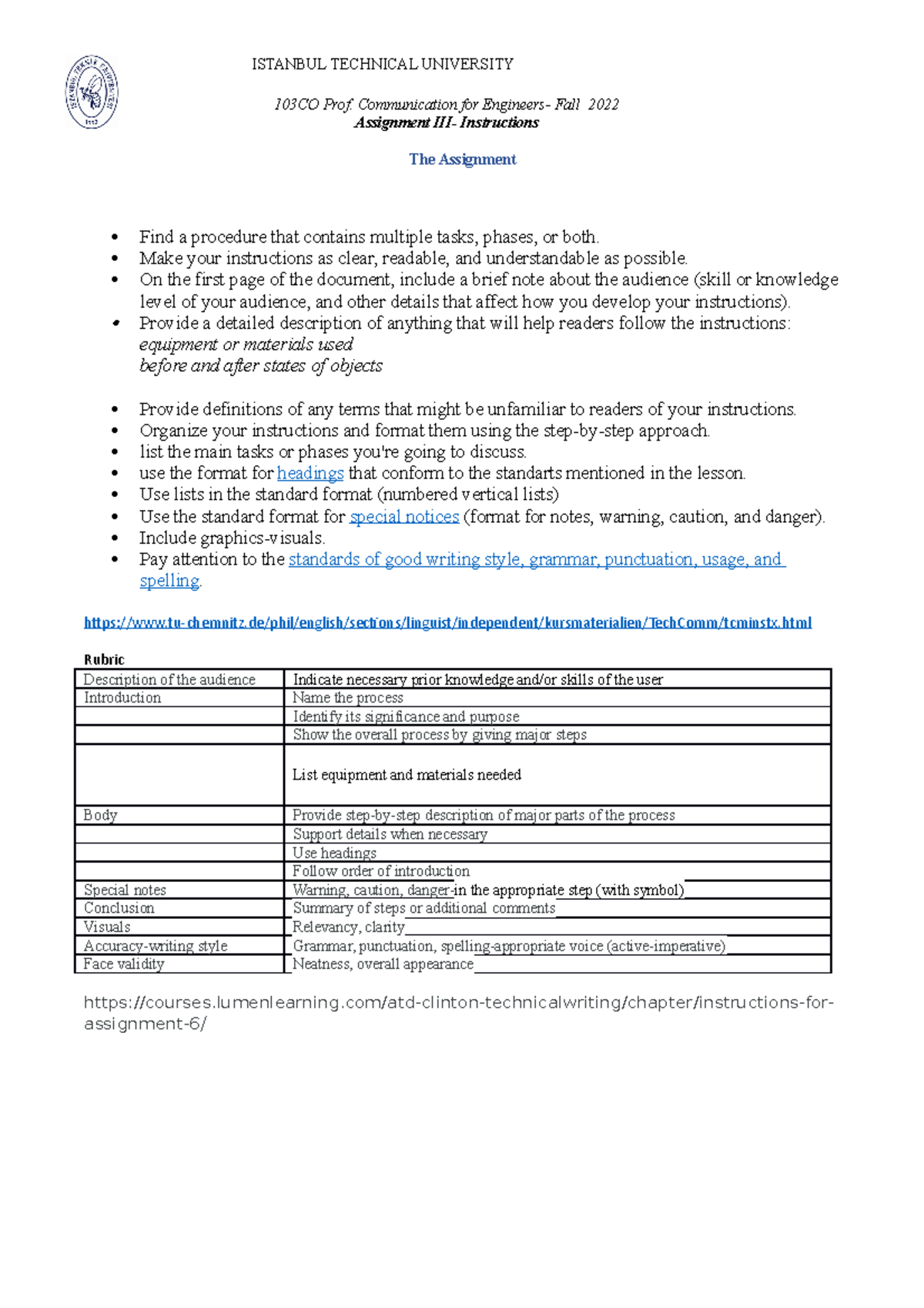 Assignment 3 Technical Instructions Istanbul Technical University