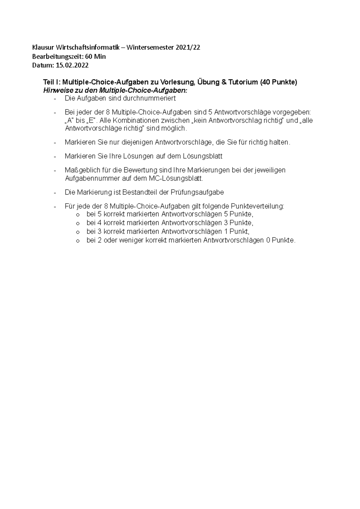 Klausur Wirtschaftsinformatik WS 21-22 - Klausur Wirtschaftsinformatik ...