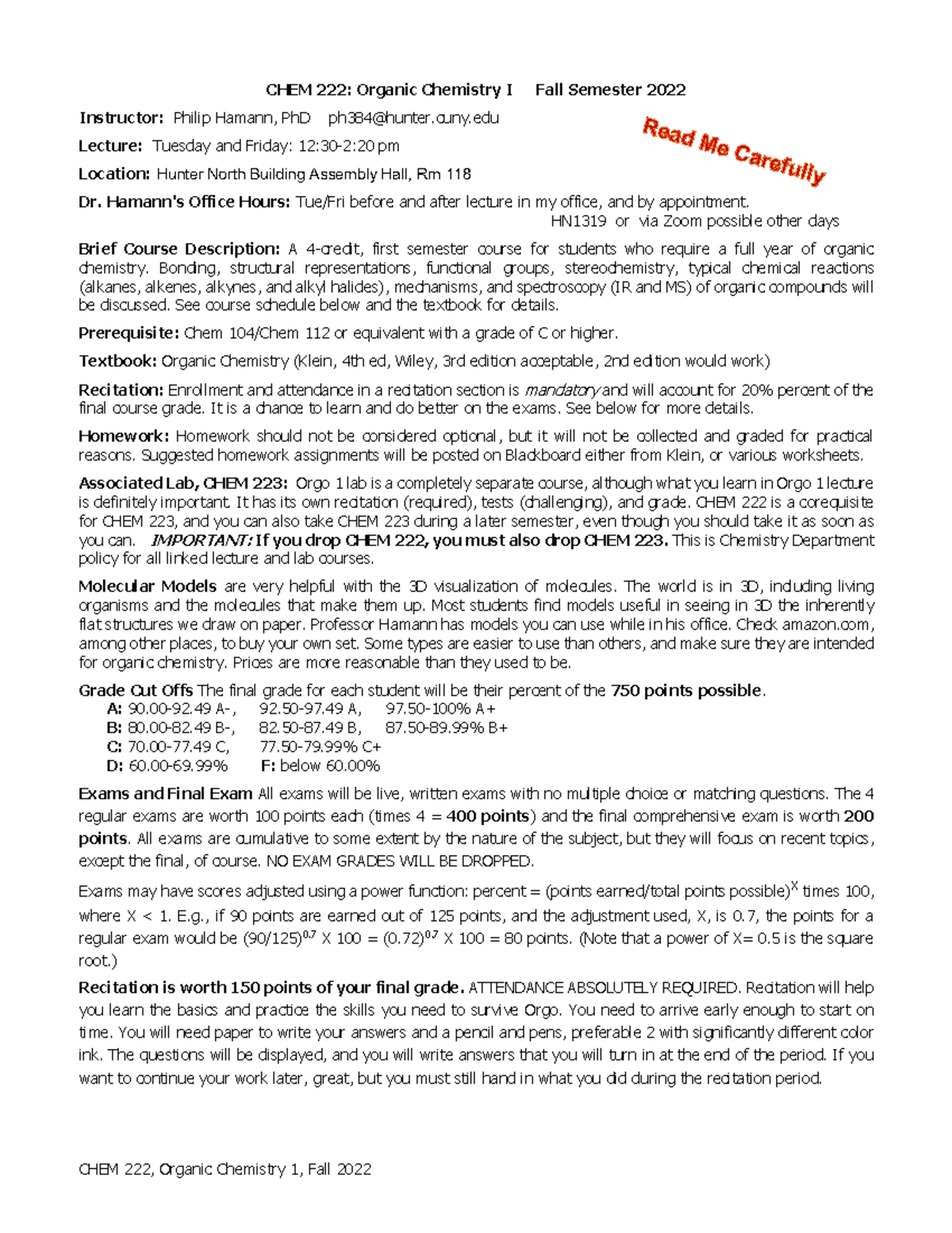 CHEM 222 Syllabus F22 Official Final - CHEM 222, Organic Chemistry 1 ...