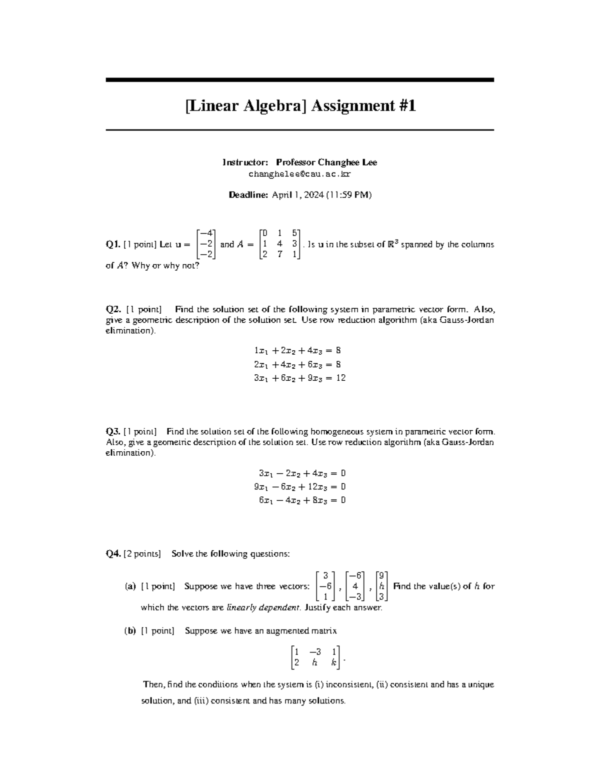 Assignment 1 Linear Algebra Assignment Instructor Professor