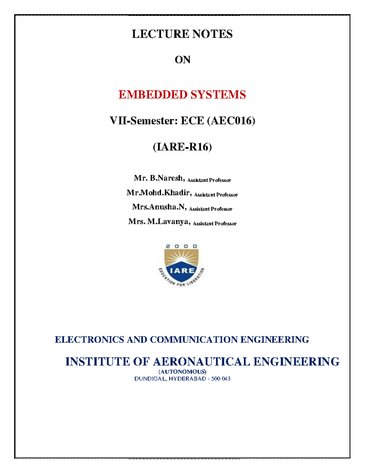 IARE ESD Notes - embedded systems precise concept - LECTURE NOTES ON ...