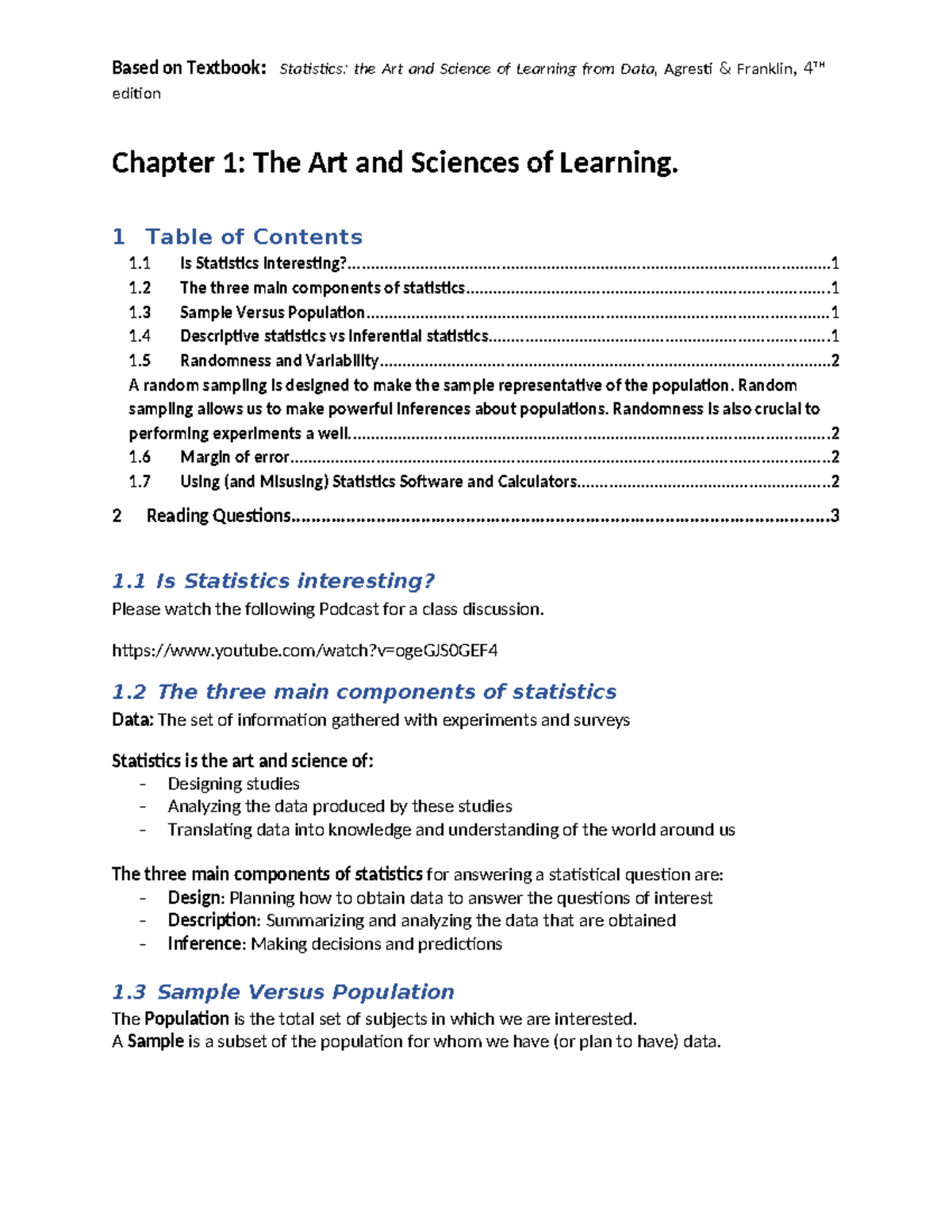 Statistics- Chap 1 - Based on Textbook: Statistics: the Art and Science of Learning from Data ...