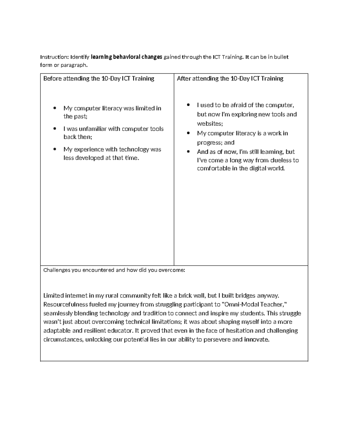 Reflection - Instruction: Identify learning behavioral changes gained ...