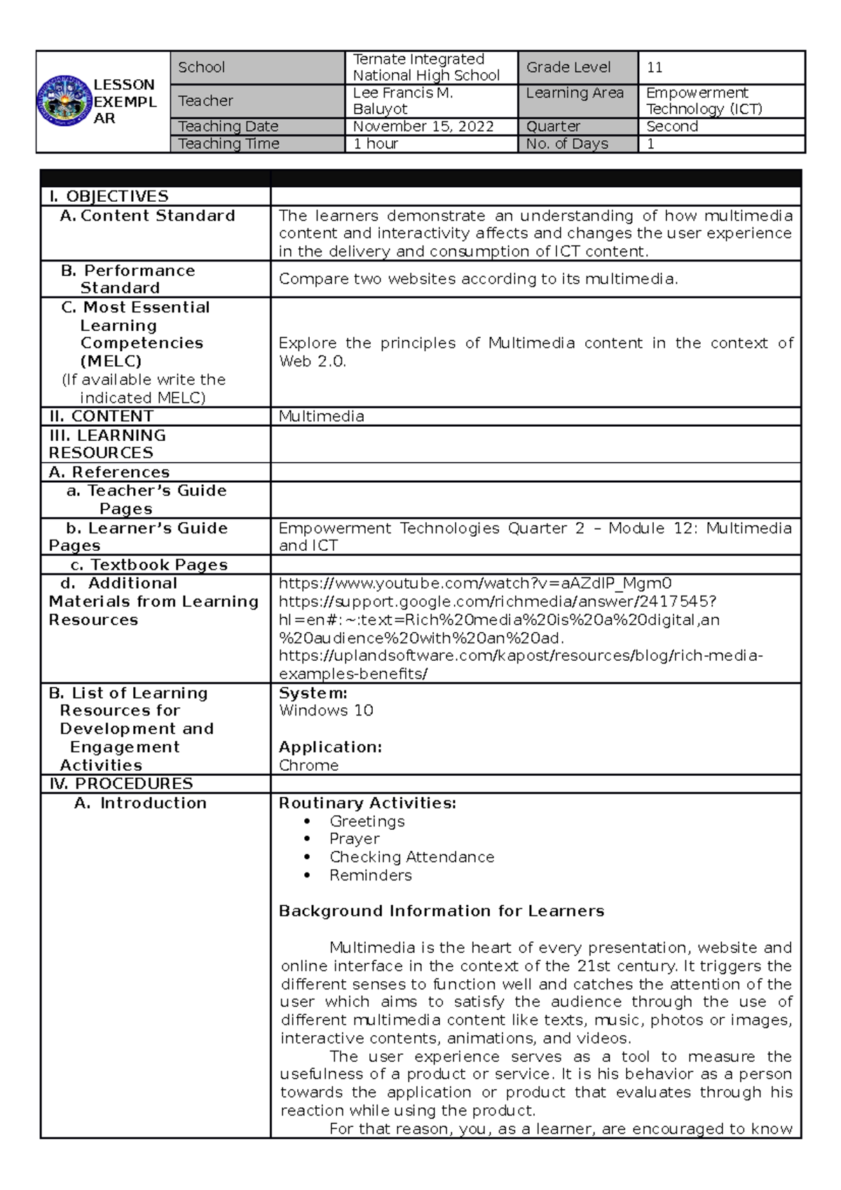 Ictlp 11152022 - ICT - LESSON EXEMPL AR School Ternate ...