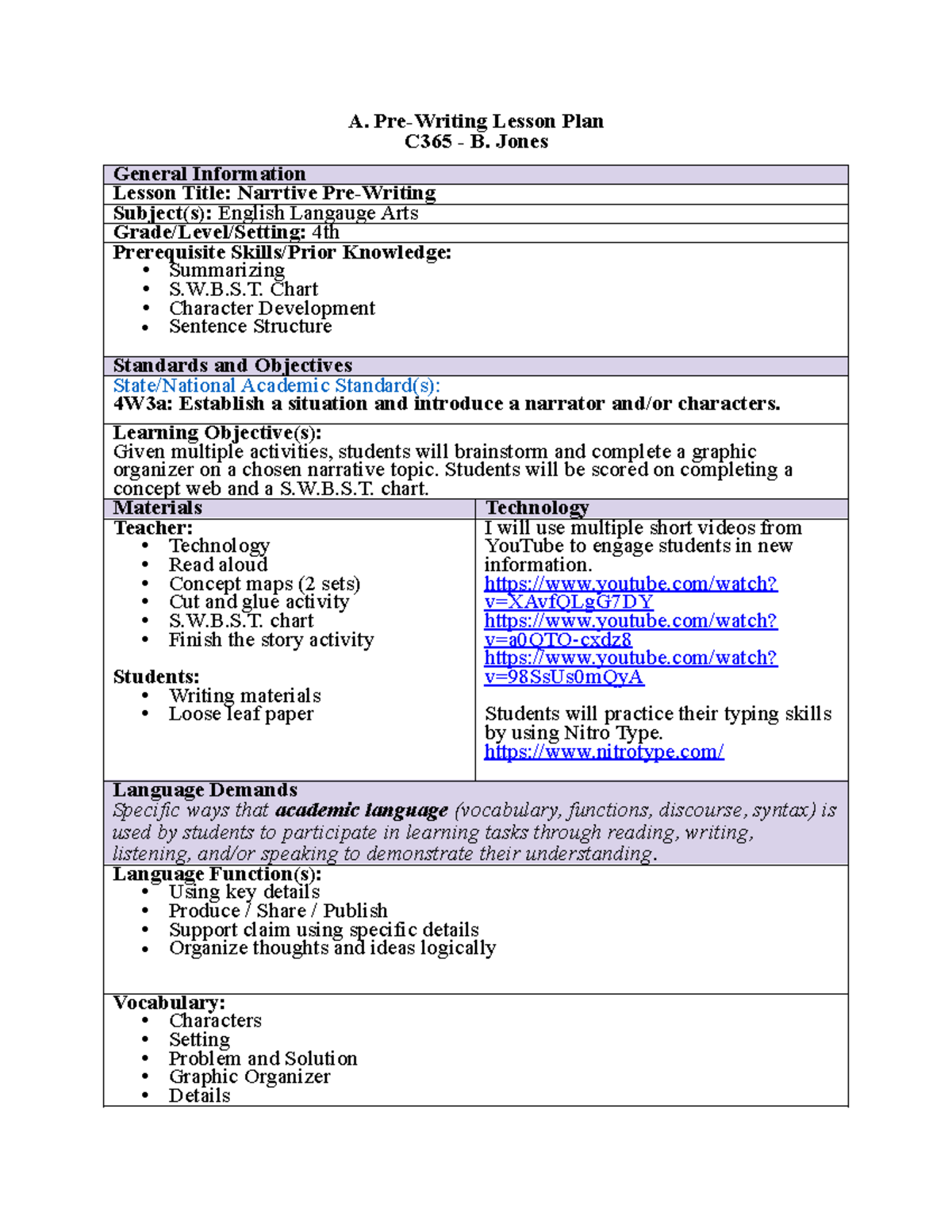 C365 Lesson Plan -2 - A. Pre-Writing Lesson Plan C365 - B. Jones General Information Lesson ...