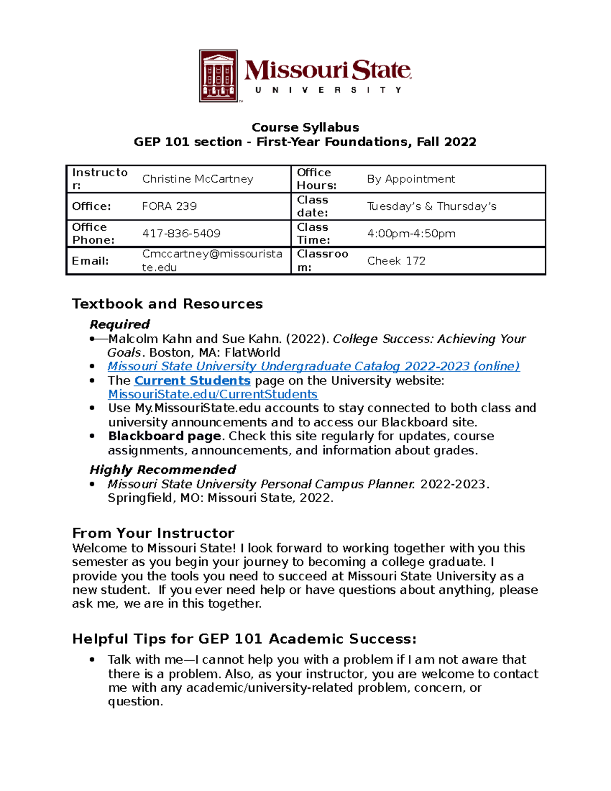 Christine Mc Cartney GEP FA2022 Syllabus - Course Syllabus GEP 101 ...