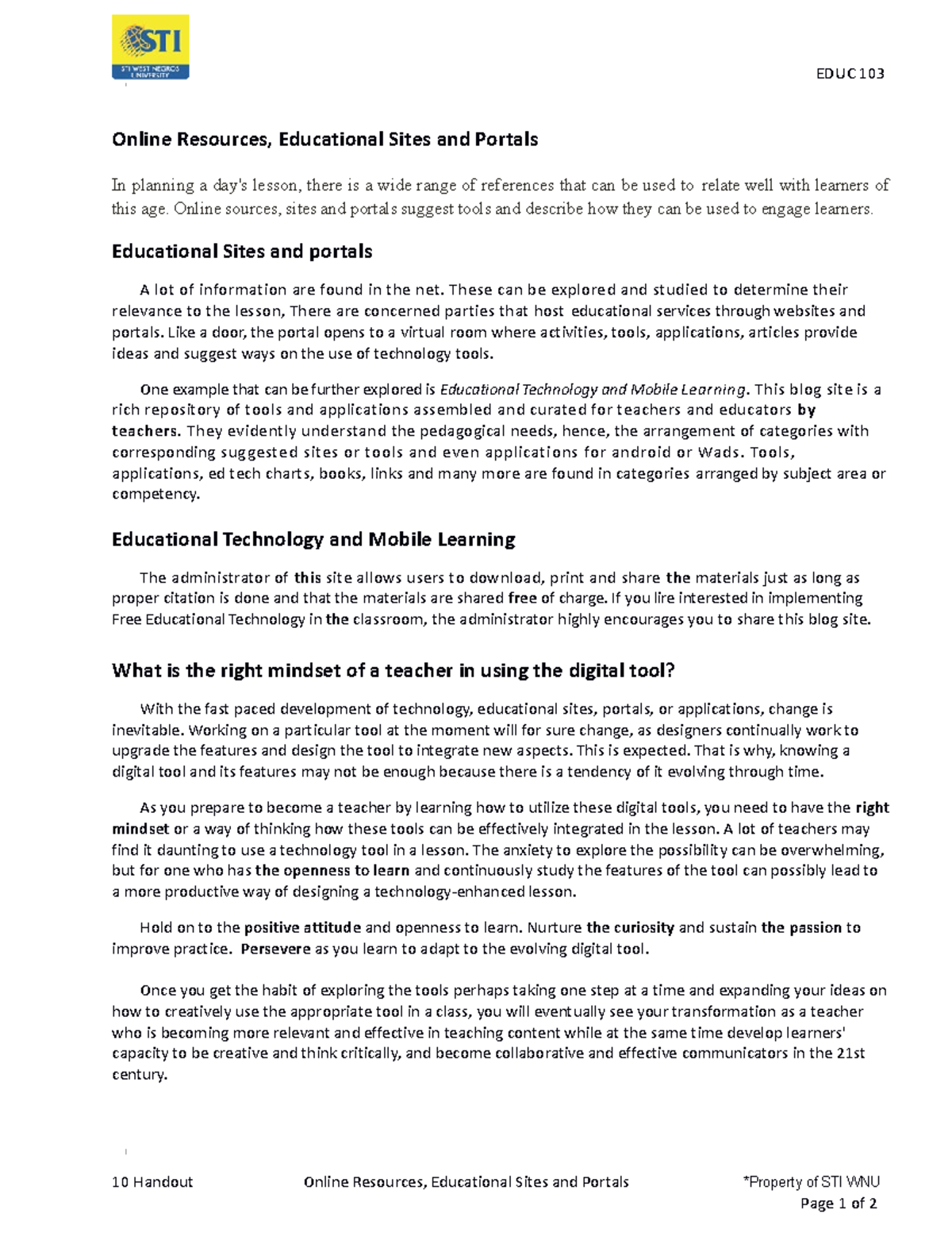10-Handout - N/A - EDUC 103 Online Resources, Educational Sites and ...