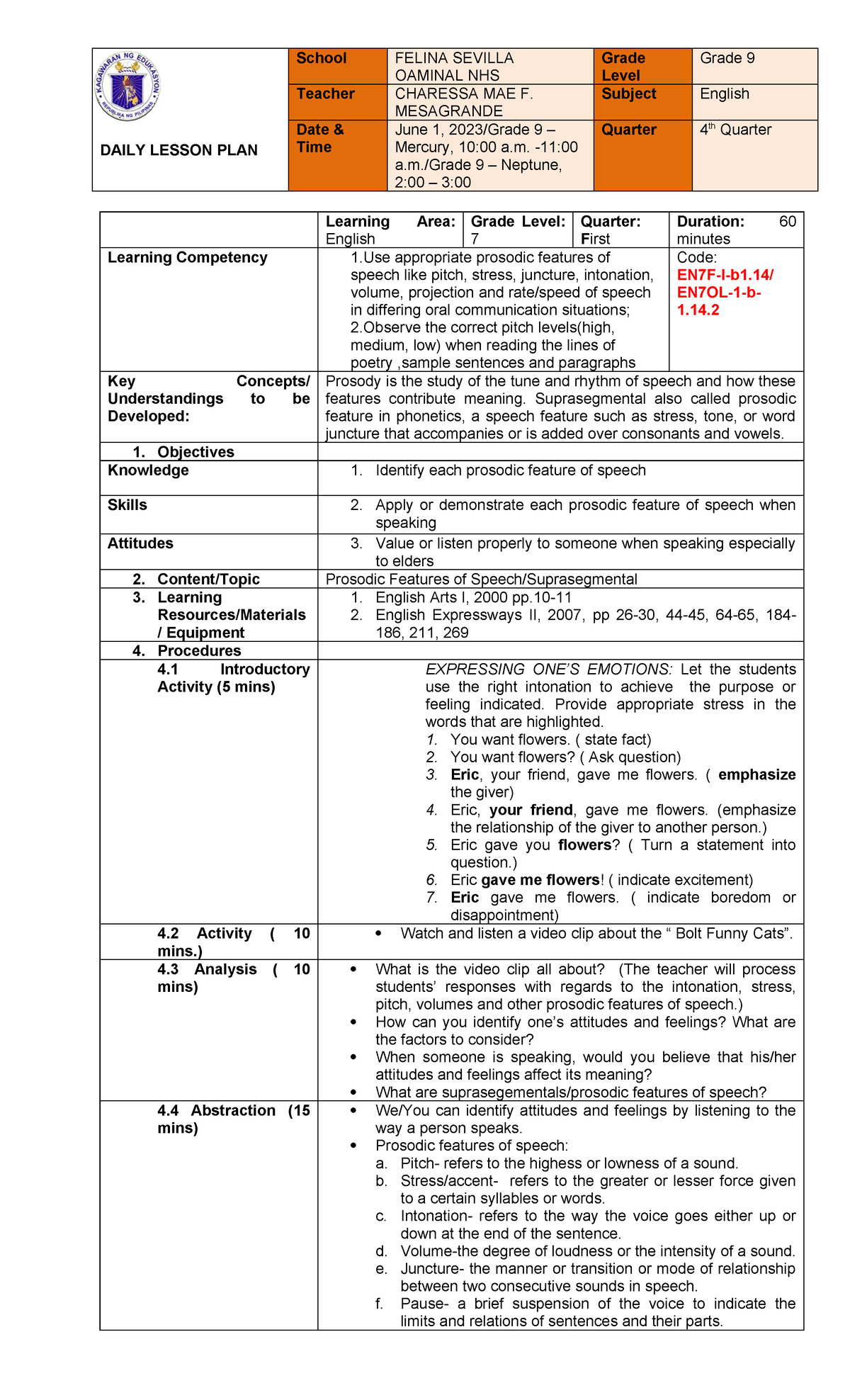 Suprasegmentals - Lesson plan - Learning Area: English Grade Level: 7 ...