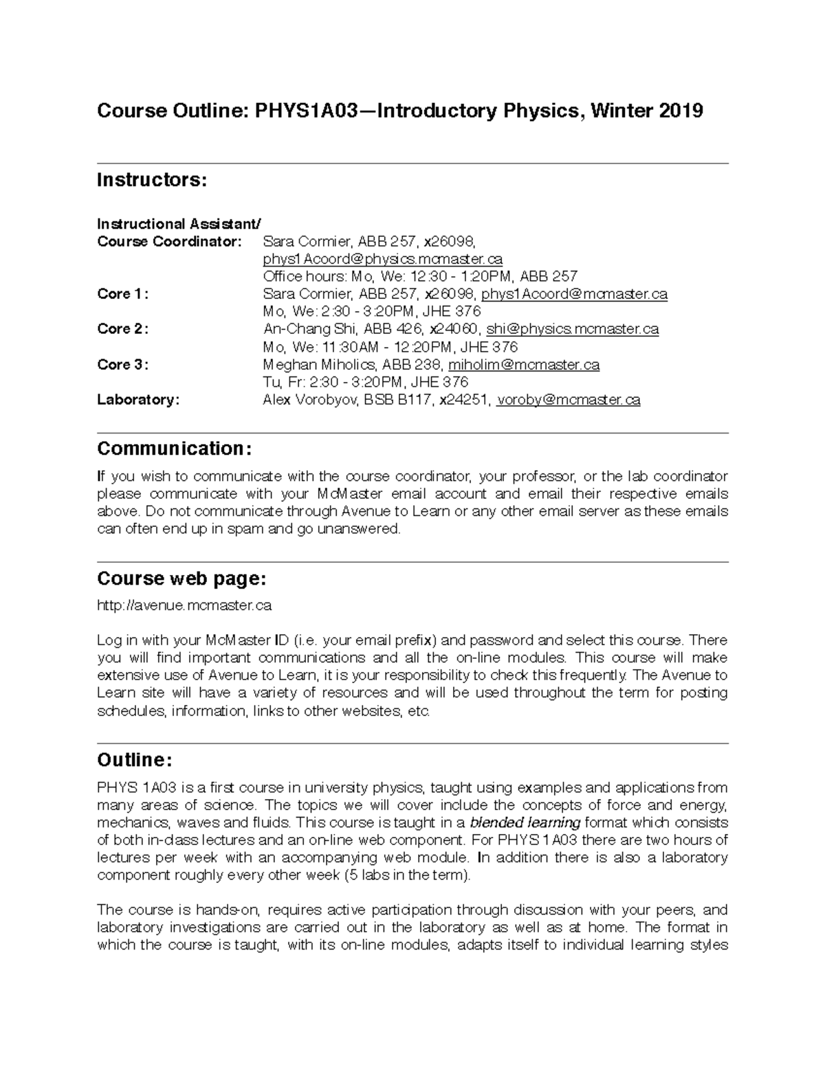Full Course outline 1A03 Winter 2019 - Course Outline: PHYS1A03 ...