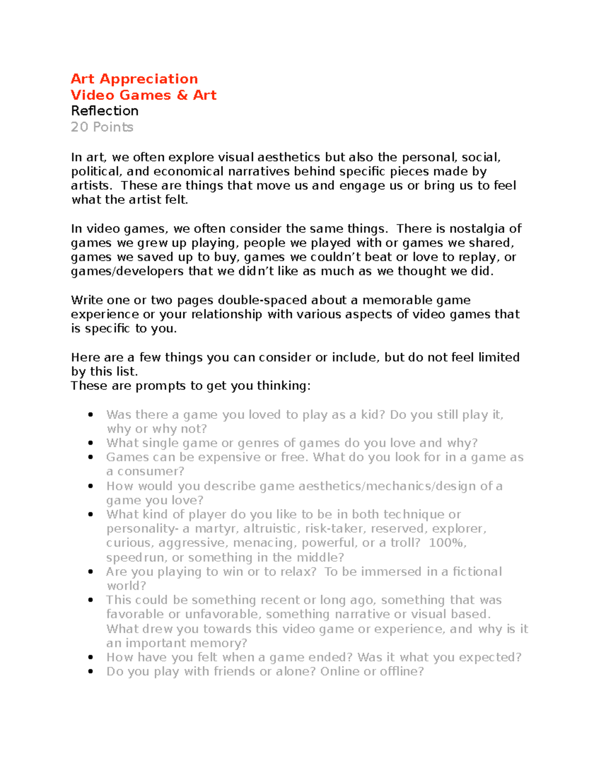 Games We Play - Art Appreciation Video Games & Art Reflection 20 Points ...