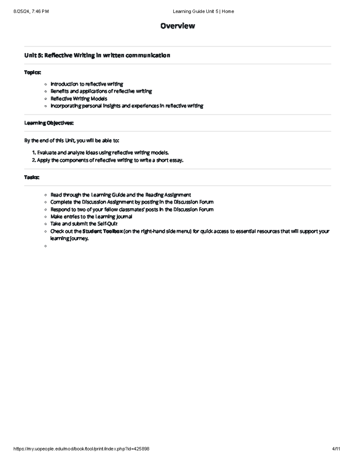 Learning Guide Unit 5 - Overview Unit 5: Reective Writing in written communication Topics: - Studocu