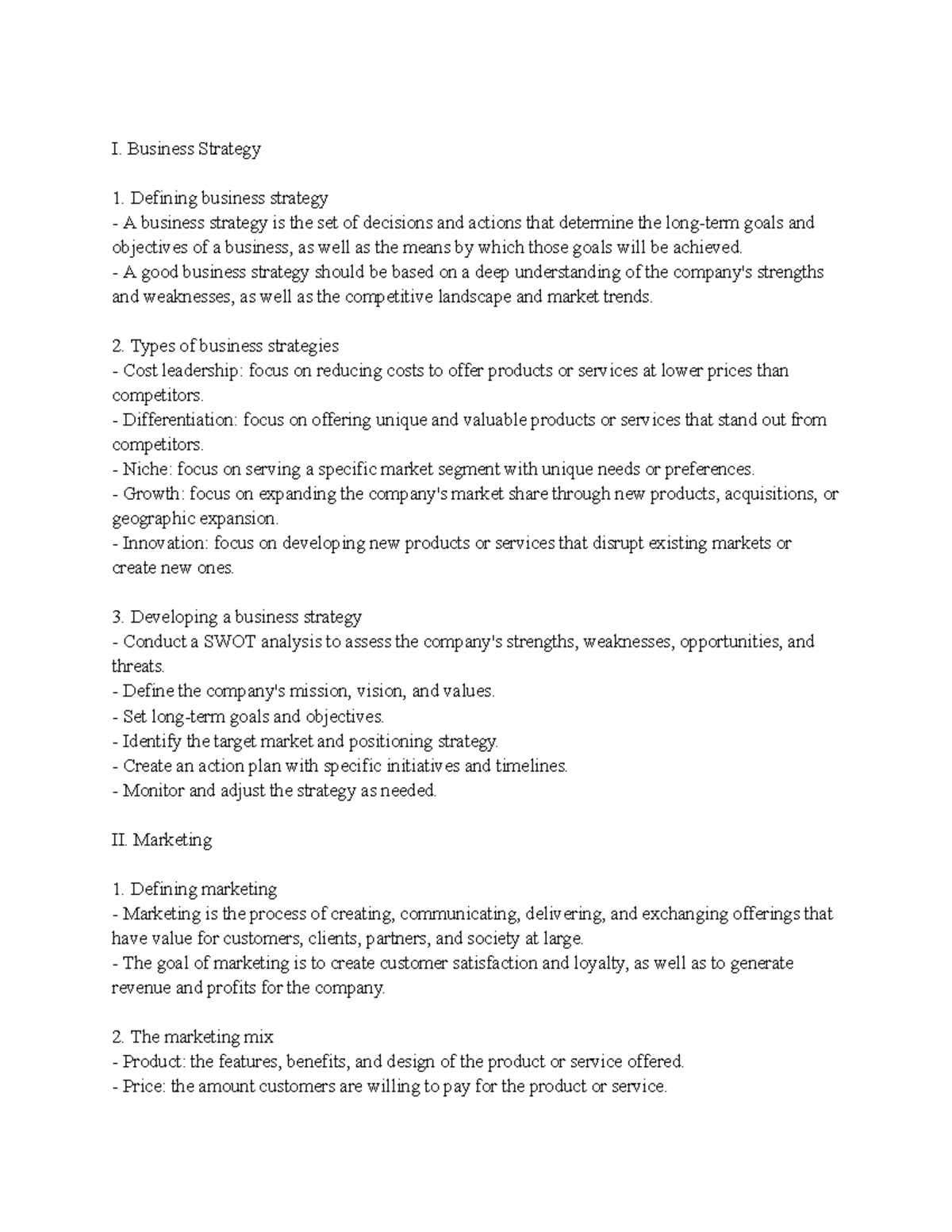 Business Review 1 - I. Business Strategy Defining business strategy A ...