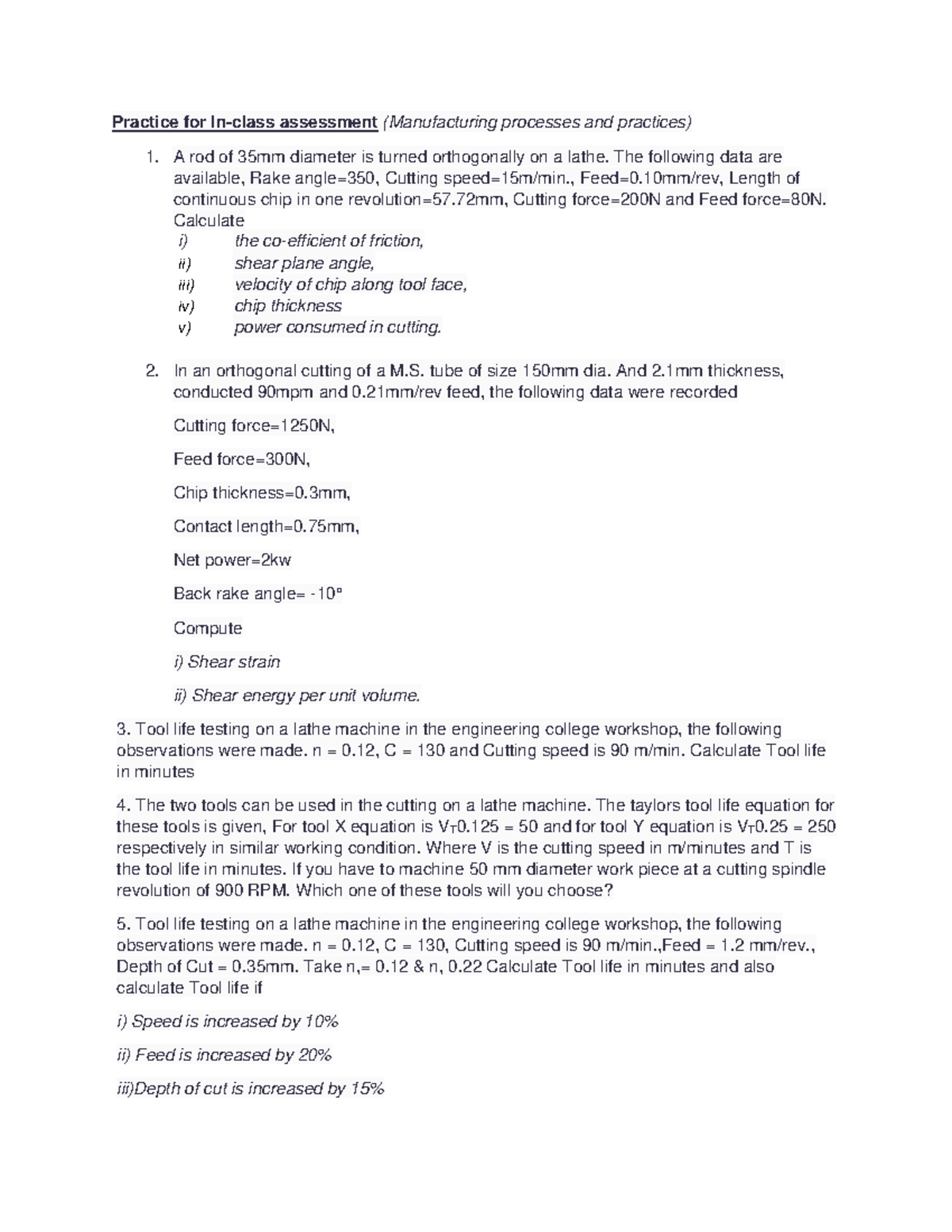 Manufacturing engineering assignment - Practice for In-class assessment ...